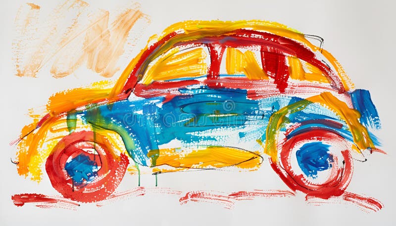 Child S Painting of Car on White Paper Stock Image - Image of bright ...