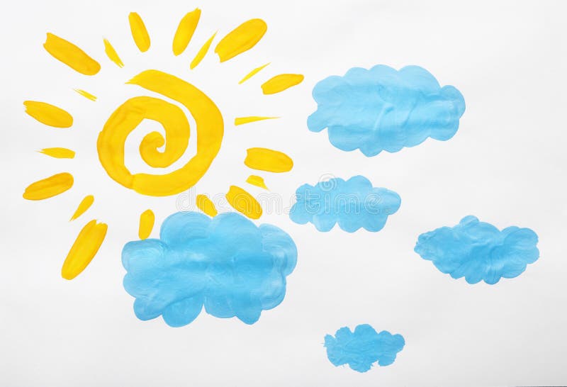 Child`s Painting of Sun and Clouds on Paper Stock Illustration ...