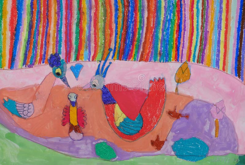 Child S Painting - Three Birds Stock Illustration - Illustration of ...