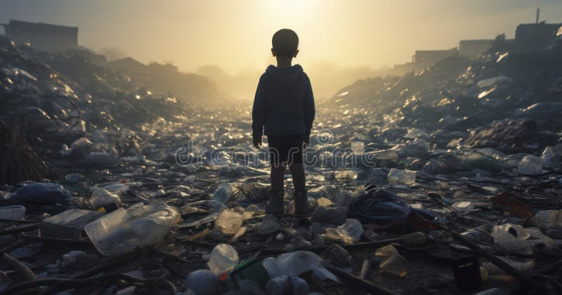 A Child S Sad Contemplation of Plastic Pollution. Generative AI Stock ...