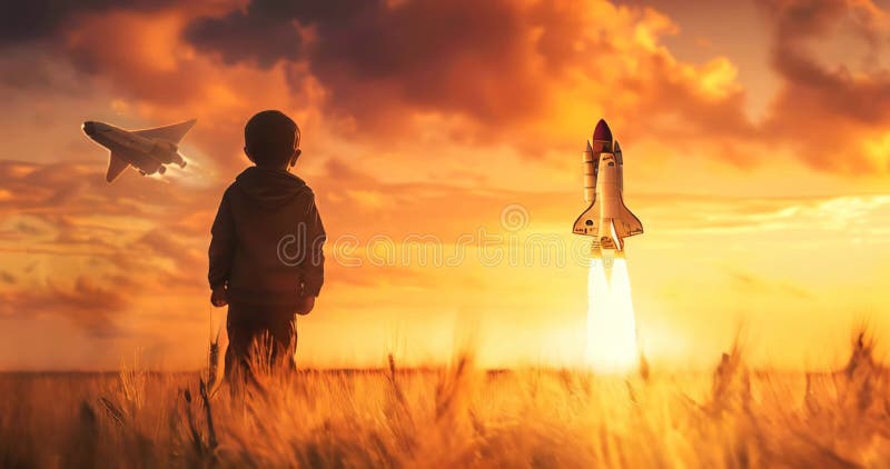 Silhouette of Child in Wheat Field Launching Rocket at Dusk As Space ...