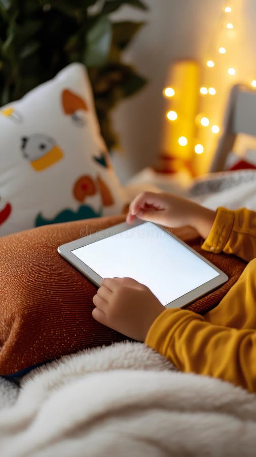 Child S Small Hands Interacting with a Glowing Tablet Screen in a Cozy ...