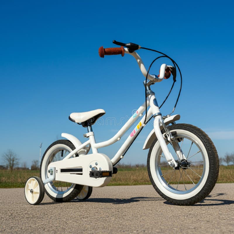 Child S White Bicycle with Training Wheels Stands on a Paved Path. it ...
