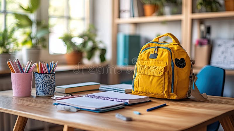 Child S Yellow Backpack on Desk, Home Study Stock Photo - Image of ...