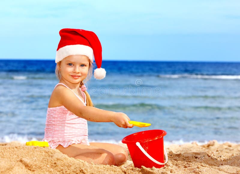 Adorable Little Girl in Santa Hat on Tropical Beach Stock Image - Image ...