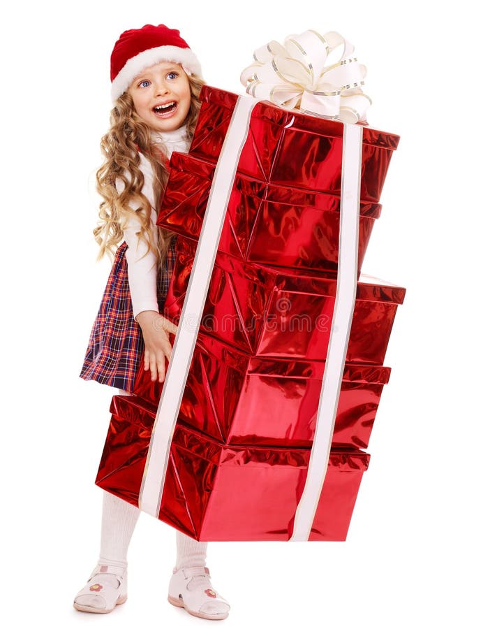 Child in Santa Hat with Stack Gift Box. Stock Photo - Image of culture ...