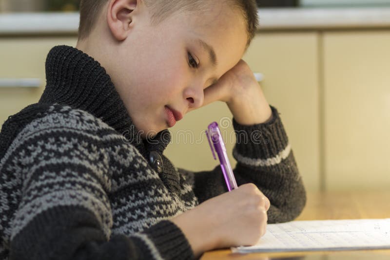 Child School Age Boy Making His Homework Stock Image - Image of boys ...