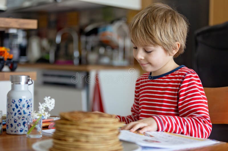 Child, School Boy, Writing Homework at Home after School Stock Image ...