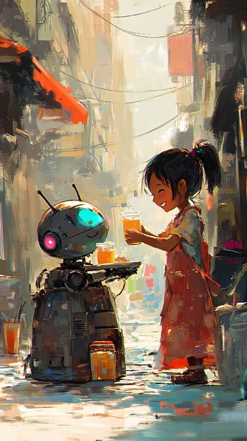 A Child Setting Up a Lemonade Stand with Their Smiling Imaginary Robot ...