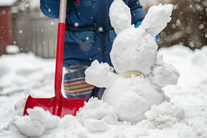 Child Shaping a Snow Bunny with a Shovel Stock Image - Image of shaping ...