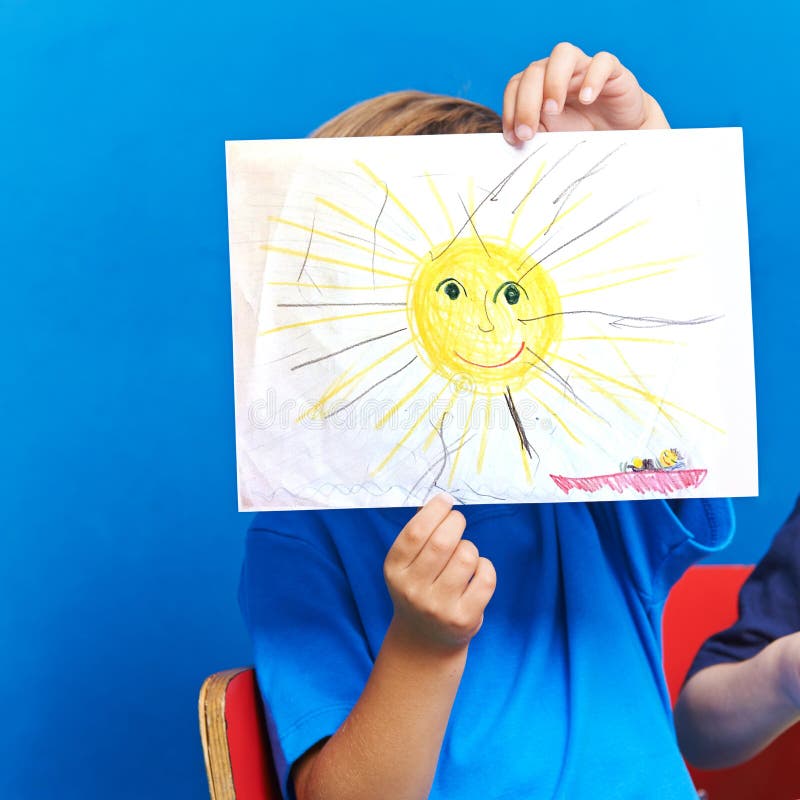 Child Showing Drawing with Sun and Ocean Stock Photo - Image of lake ...