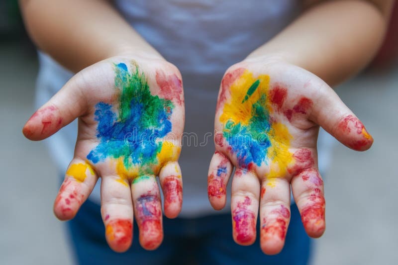Child Showing Painted Hands Covered in Colorful Paint after Playing and ...