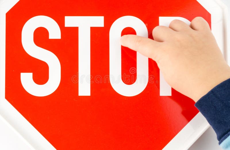Child is Showing on Stop Sign with His Finger Stock Photo - Image of ...