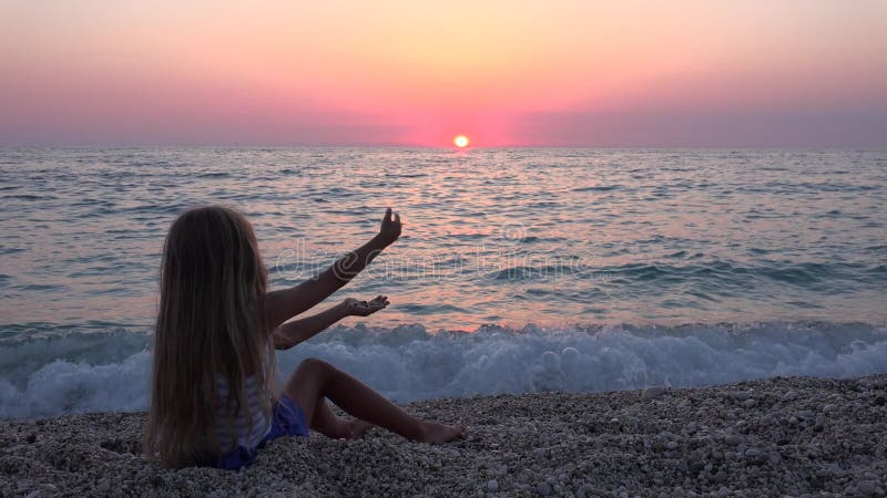 Child Silhouette Playing on Beach, Sunset View, Happy Kid Has Fun on ...