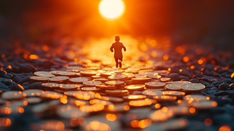 Child Silhouette Running on Coins at Sunset Stock Image - Image of ...