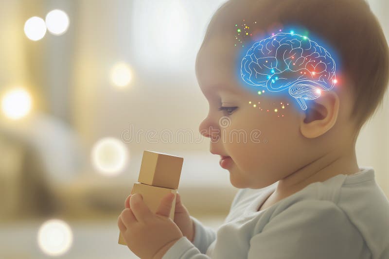 The Child Sits and Tilts His Head Slightly, Holding the Cube in His ...
