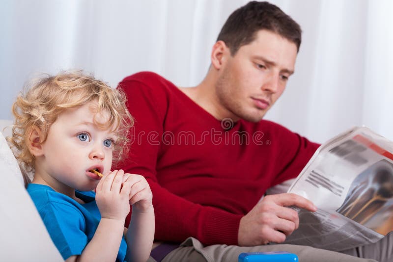 Child Sitting with Dad Reading Newspaper Stock Image - Image of loving ...