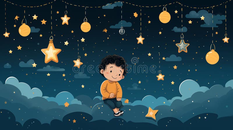 Child Sitting on Fluffy Cloud, Surrounded by Star Lanterns and ...