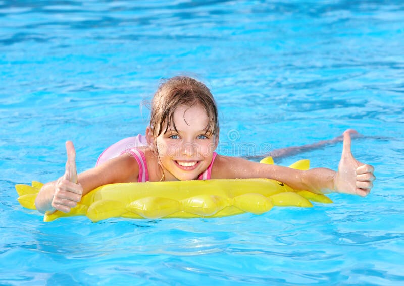 Child Sitting on Inflatable Ring Thumb Up. Stock Image - Image of super ...