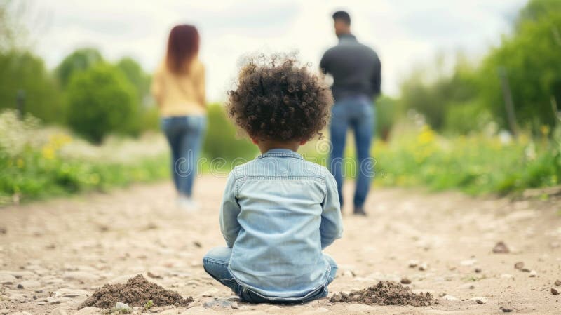 Child Sitting on a Path Watching Parents Walk Away in Nature Stock ...