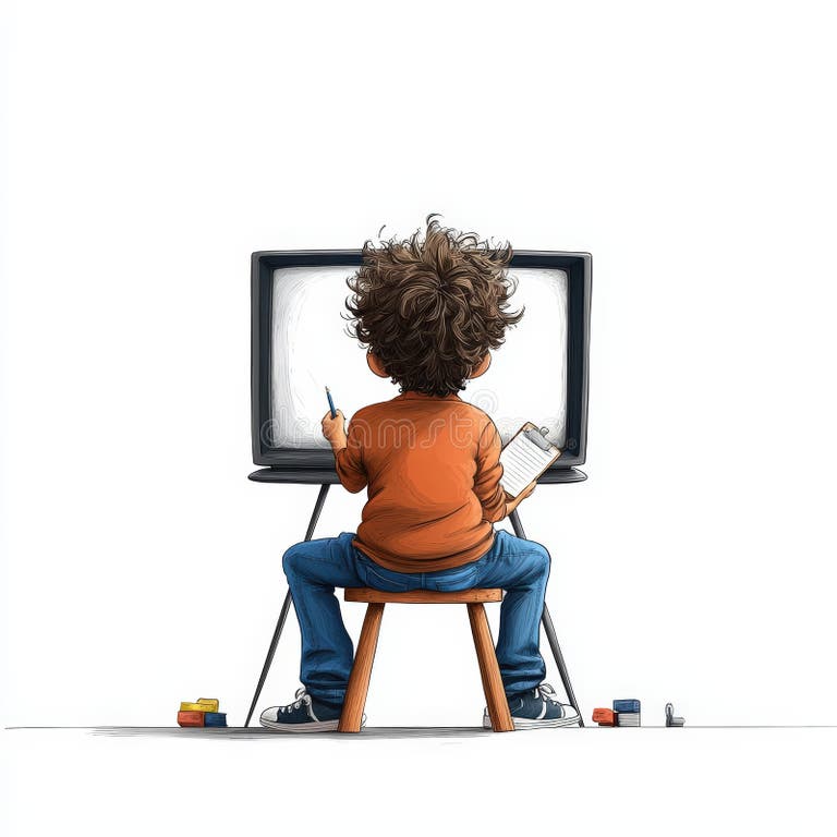 A Child Sitting on a Stool Drawing while Facing a Blank Television ...