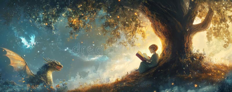 A Child Sitting Under a Tree, Reading a Book with Magical Creatures ...