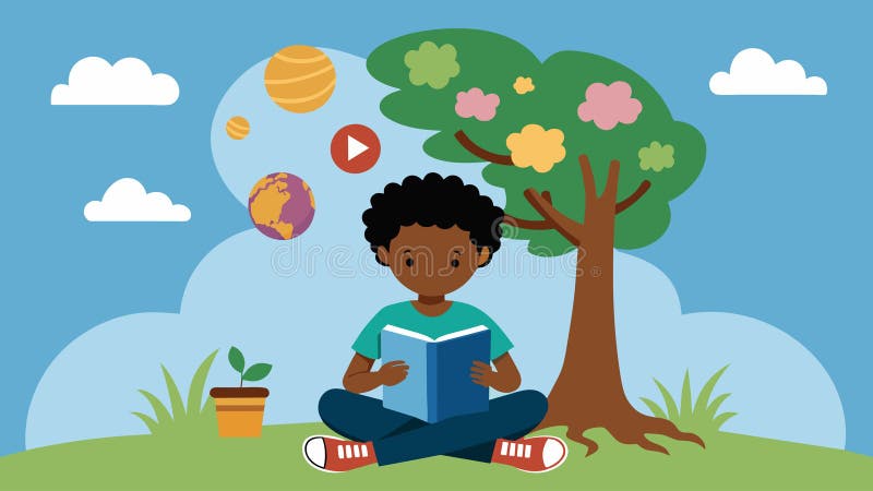 A Child Sitting Under a Tree Using Their Ebook To Learn about Different ...