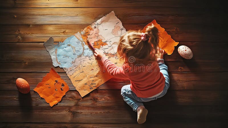 Child Sitting on Wooden Floor Pointing at Map Pieces, Surrounded by ...