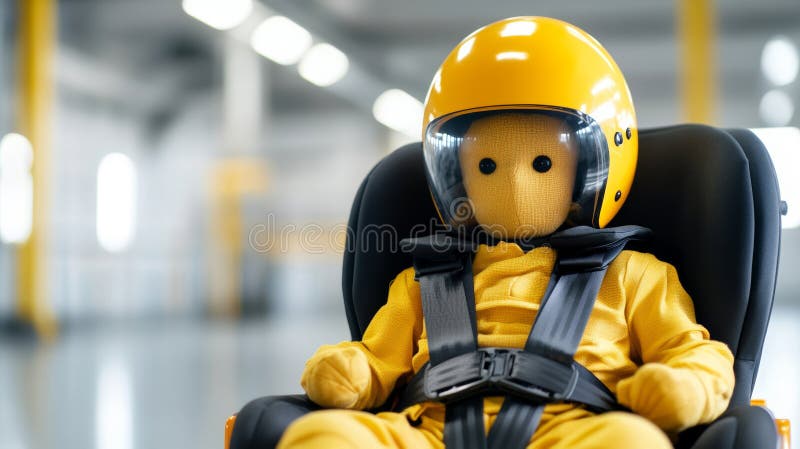 Child-sized Crash Test Dummy in a Yellow Suit is Securely Fastened in a ...