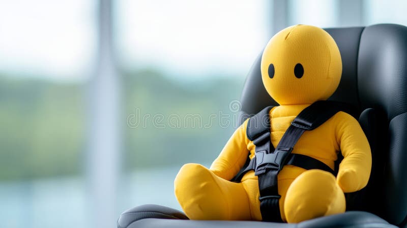 Yellow Child-sized Crash Test Dummy Strapped into Car Seat, Positioned ...