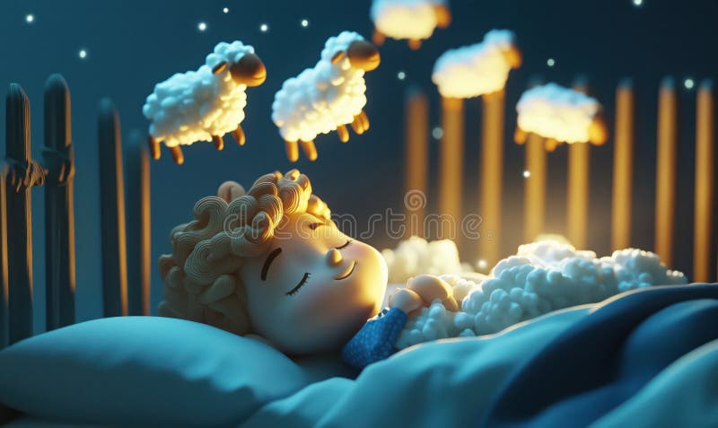 Child Sleeping Peacefully with Fluffy Clouds and Sheep in Dreamy Night ...