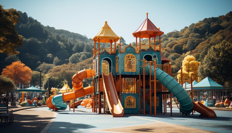 Child Sliding Down a Colorful Playground Slide Outdoors Generated by AI ...