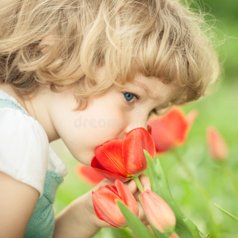 Child smelling flowers stock image. Image of jonquil - 19095497
