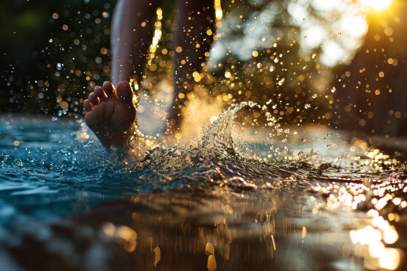 Child Splashing Water in Sunset Light. Stock Image - Image of liquid ...