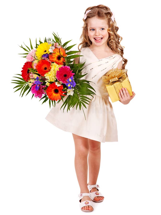 Child with Spring Flower and Gift Box. Stock Photo - Image of gift ...
