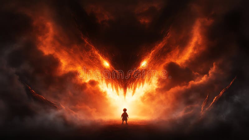 Child Standing Afraid in Front of a Menacing Fire-breathing Creature ...