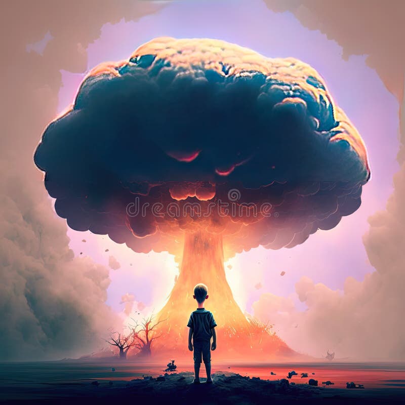 Child Standing Against Mushroom Cloud of Atomic Explosion. Nuclear War ...
