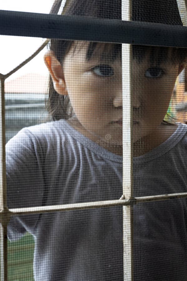 Child Standing Behind Mosquito Wire Screen Stock Photo - Image of door ...