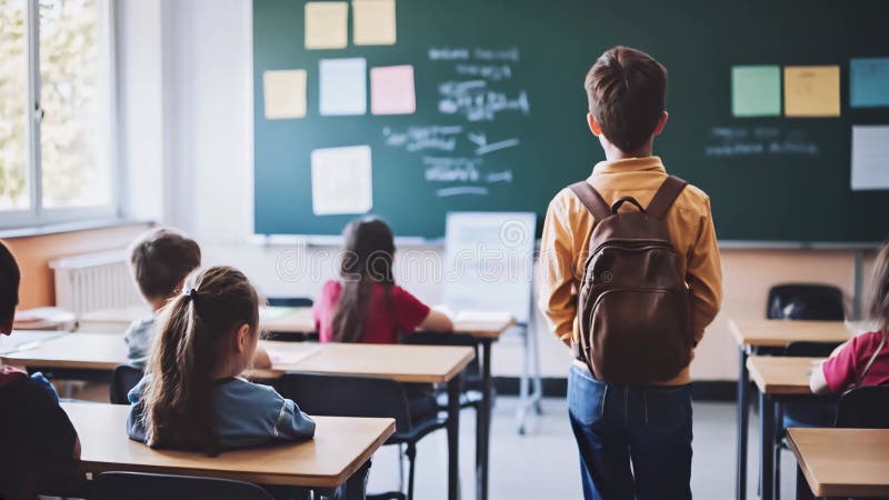 Child Standing in Classroom with Backpack, Preparing for a Learning ...