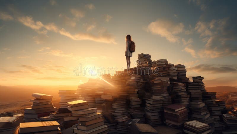 A Child Standing among Many Books Stock Illustration - Illustration of ...
