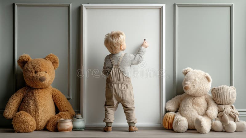 Child Standing Near Blank Frame with Teddy Bears Stock Photo - Image of ...