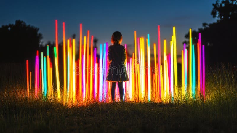 Child Standing before Vibrant Glowing Light Installations at Dusk Stock ...