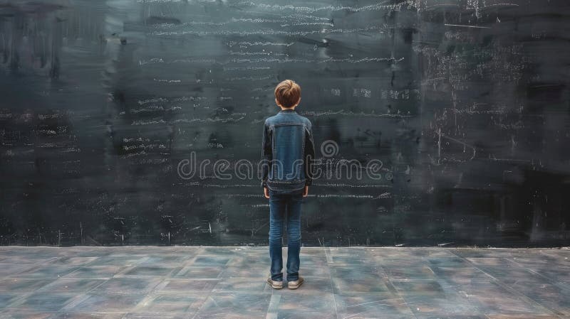 Child Stands Against Giant Surreal Blackboard, Back of Student Thinking ...
