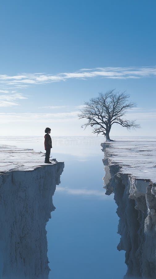 Child Stands on Cliff Edge Facing Distant Tree Across Reflective Chasm ...