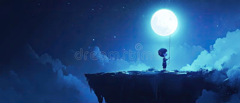 "LUMINOUS MOON and CHILD on CLIFF at NIGHT" Stock Illustration ...