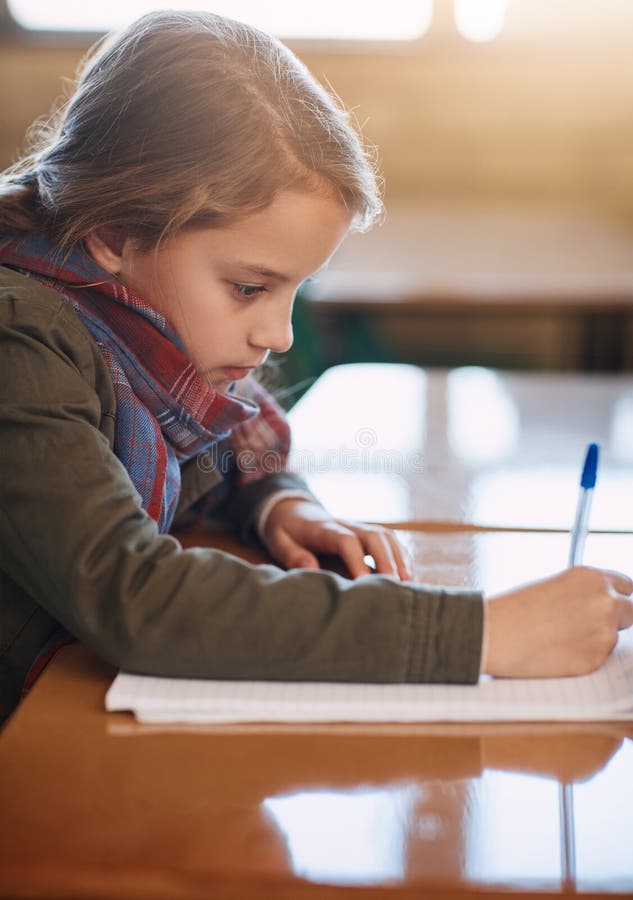 Child, Student and Lesson with Writing, Notebook and Desk for Learning ...