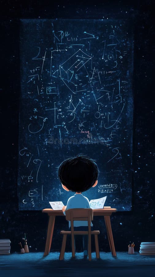 Child Studies Complex Math Equations Under Starry Night Sky Stock ...