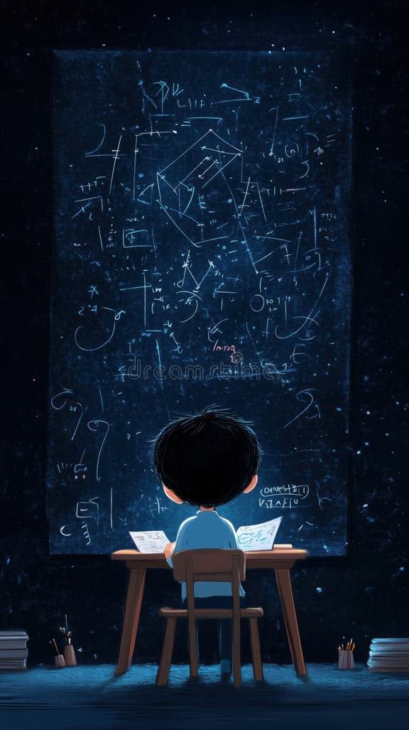 Child Studies Complex Math Equations Under Starry Night Sky Stock ...