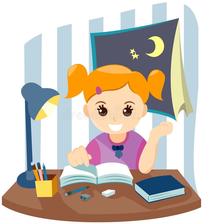 Smart Girl Studying at Night Sleeping on the Desk with Books - Vector ...