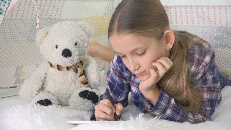 Child Studying, Student Kid Using Tablet, Writing School Homework, Girl ...